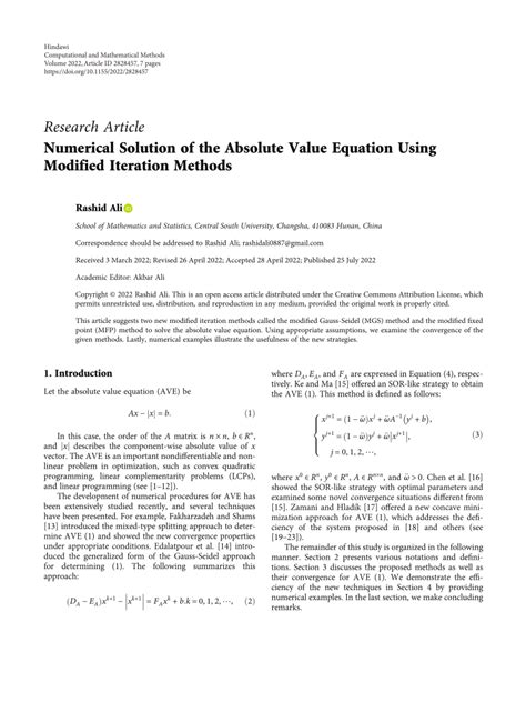 Pdf Numerical Solution Of The Absolute Value Equation Using Modified