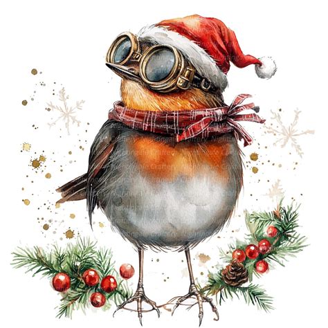 10 Steampunk Christmas Robin Clipart Christmas Card Printable