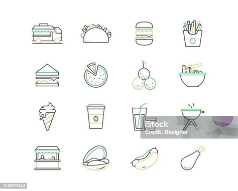 거리 음식 관련 벡터 라인 아이콘 윤곽선 기호 모음 거리에 대한 스톡 벡터 아트 및 기타 이미지 거리 건강에 좋지 않은 음식 고기 Istock