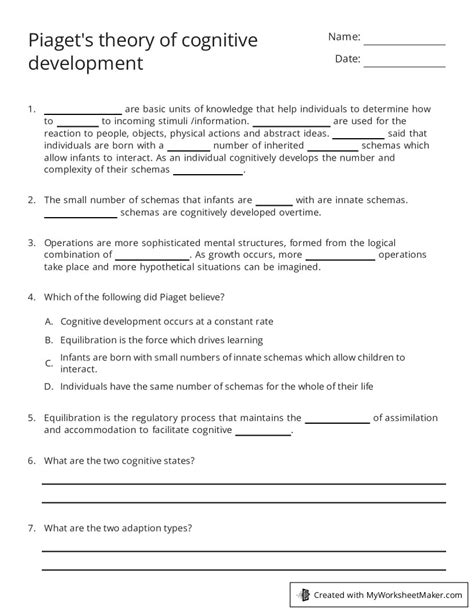 Piagets Theory Of Cognitive Development My Worksheet Maker Create