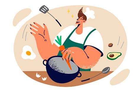 남자 요리사는 맛있는 음식을 준비하고 수프를 위한 날아다니는 재료들 사이에 부엌에 서 있다 음식에 대한 스톡 벡터 아트 및 기타 이미지 음식 기술 개념 Istock