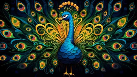 A Colorful Peacock Illustration Facing Forward With Tail Feathers That