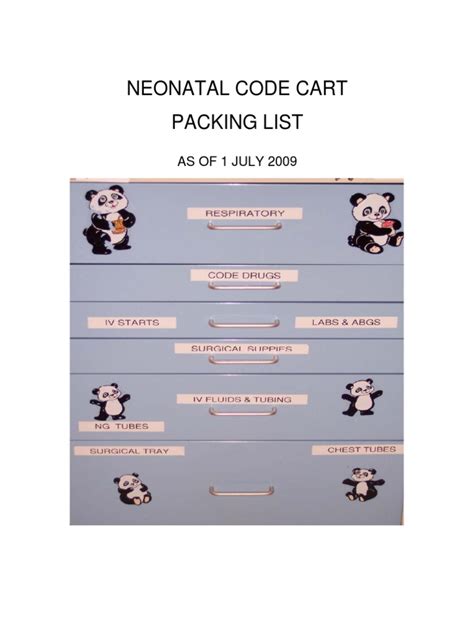 Neonatal Code Cart Packing List 7 1 09 Pdf Intravenous Therapy
