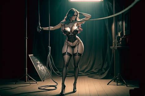 Premium Photo Sexy Woman In Bdsm Costume Posing With Whip And Whip In