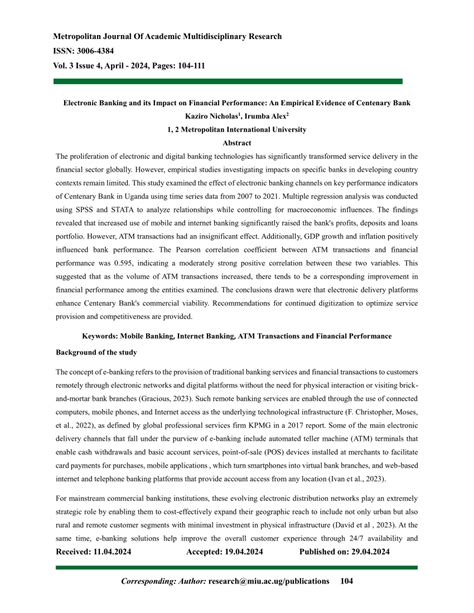 PDF Electronic Banking And Its Impact On Financial Performance An Empirical Evidence Of