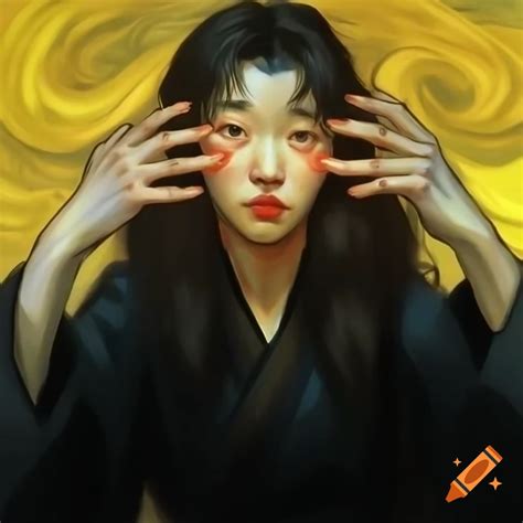 Portrait Of Korean Woman In Black Animated Style With Watercolor And Rembrandt Influence On Craiyon