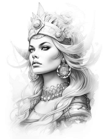 Queen Of Vikings Grayscale Woman Portrait Adult Coloring Book 30