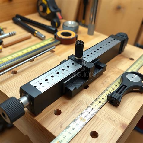 A Precision Alignment Tool Set On A Wooden Workbench Surrounded By Measuring Tapes And Other