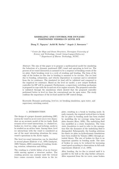 Pdf Modelling And Control For Dynamic Positioned Vessels In Level Ice
