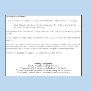 Adding Subtracting Multiplying Dividing Decimals Tri Foldable Task Cards