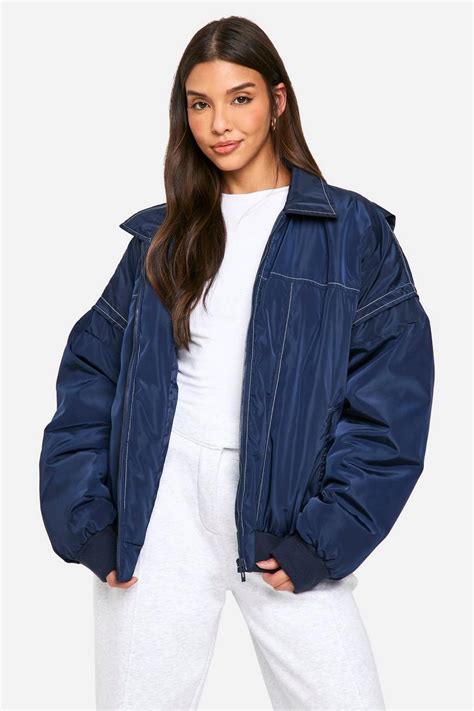 Contrast Stitch Detail Oversized Bomber Jacket Boohoo