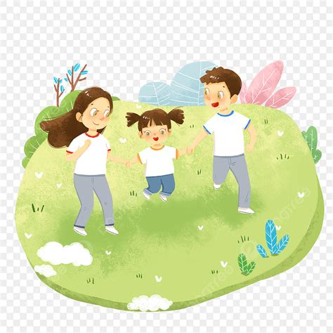 행복 가족 일러스트 3 딸 잔디 Png 일러스트 및 Psd 이미지 무료 다운로드 Pngtree