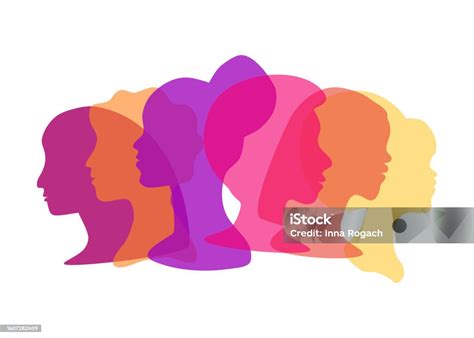 여러 가지 빛깔의 Famale 머리 실루엣 평등 국제 여성 행동주의 페미니즘 포용의 개념 3월에 대한 스톡 벡터 아트 및 기타