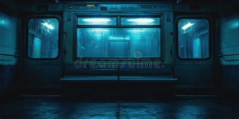 Empty Subway Train Interior Illuminated By Blue Lights During A Rainy