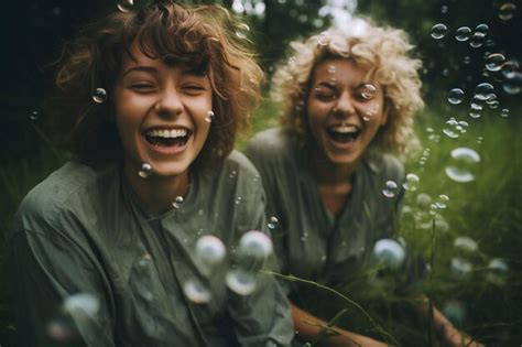 Premium Photo Two Best Friends Making A Gum Bubble Lying In The Grass