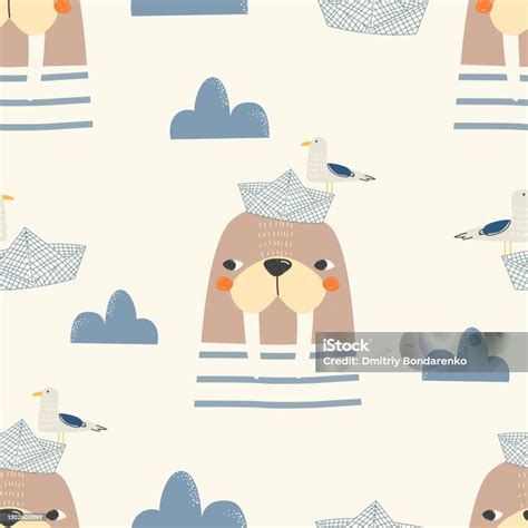 노란색 배경에 종이 보트에 귀여운 월러스와 갈매기의 원활한 패턴 직물 포장 용지 엽서 포스터 배너에 인쇄하기위한 벡터 그림 귀여운 아기 배경 0명에 대한 스톡 벡터 아트 및