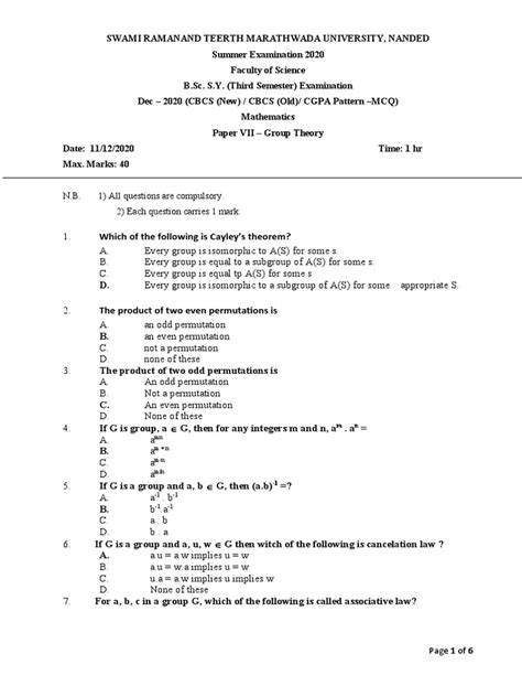 Srmsu Nanded Bsc Sy Mathematics Group Theory Exam Pdf Group