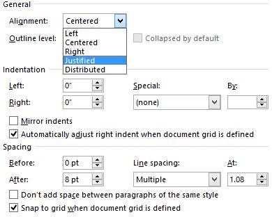 Word 2013 Change The Default Alignment Indentation And Spacing Settings