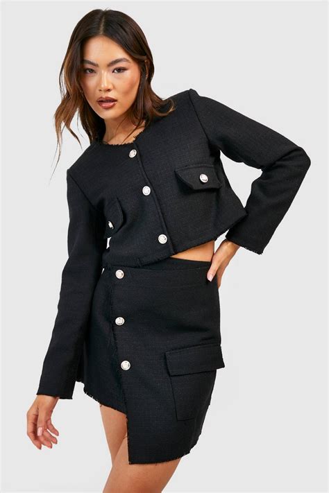 Tweed Button Front Frayed Edge Asymmetric Mini Skirt Boohoo Uk