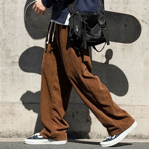 Foruwish Casual Pants Loose Straight Corduroy Pants Elastic Waist Sw