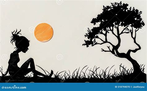 Silhouette Of A Girl Sitting Under A Tree With Butterflies And The Sun