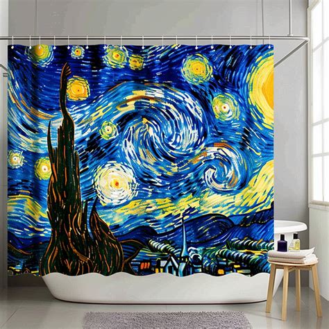 Vincent Van Gogh Style Starry Night Bathroom Curtain 3d Render Hyper Realistic High Detail