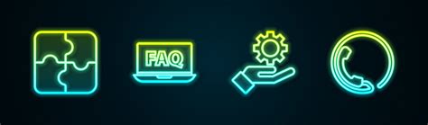 세트 라인 퍼즐 조각 노트북 및 Faq 손의 설정 및 전화 24 시간 지원 빛나는 네온 아이콘입니다 벡터 24에 대한 스톡 벡터