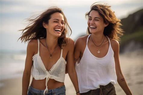 Amigos Felices Dando Un Paseo Por La Playa Foto Premium