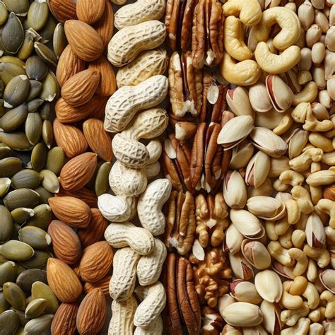 A Variety Of Nuts And Seeds Are Displayed In A Row Premium AI