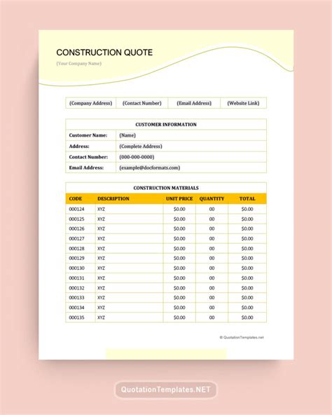 Free Construction Quote Templates Word Excel Pdf