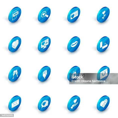 검색 하트와 사랑 온라인 데이트 앱 하트 모양의 꽃 사탕 모양의 상자 샴페인 한 잔 다이아몬드 약혼 반지 및 웃는 입술 아이콘을 설정합니다 벡터 3차원 형태에 대한 스톡