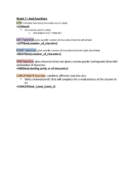 Week 7 The Formulas For The Different Text Functions Week 7 Text