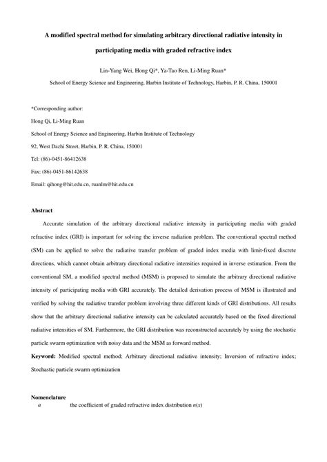 Pdf A Modified Spectral Method For Simulating Arbitrary Directional Radiative Intensity In