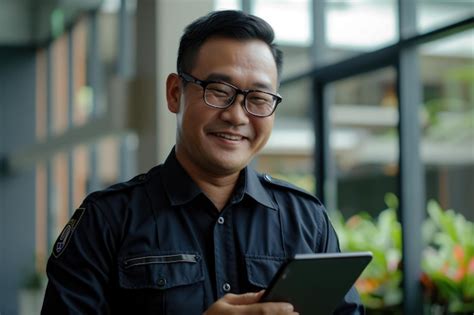 Premium Photo Asian Man Uses Tablet For Security Surveillance And