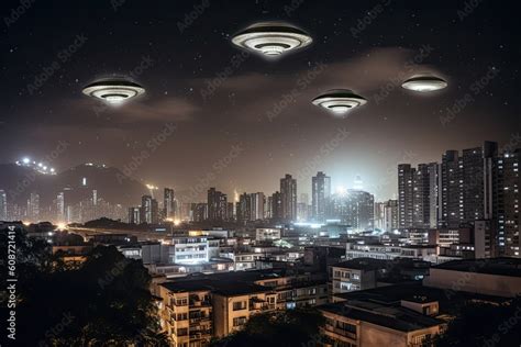 World Ufo Day A City Skyline At Night With Multiple Unidentified