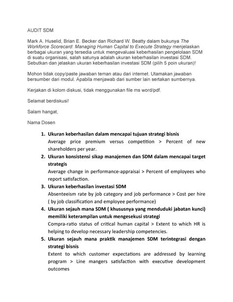 Contoh Materi Audit Sdm AUDIT SDM Mark A Huselid Brian E Becker