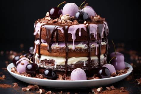 Vertical Photo Of A Delicious Naked Chocolate Cake With Chocolate Balls