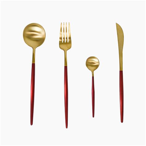 Cubiertos Set De De Acero Inoxidable Dorado Con Mango Rojo Galdiaz