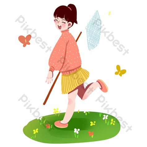 봄 투어에서 나비를 잡는 어린 소녀 일러스트 Png Psd 무료 다운로드 Pikbest