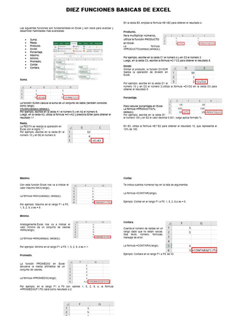 Diez Funciones Basicas De Excel Pdf Microsoft Excel Sustracción