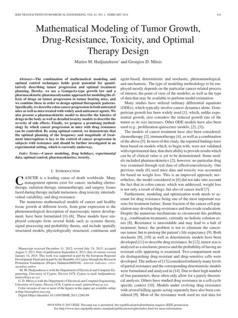 Pdf Mathematical Modeling Of Tumor Growth Drug Resistance Toxicity And Optimal Therapy Design