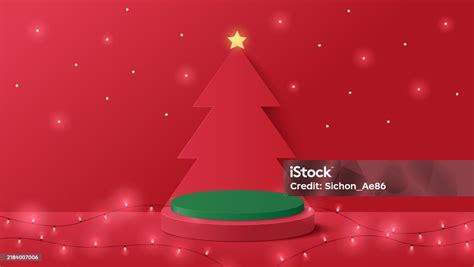포디움 크리스마스 크리스마스 트리와 함께 제품 디스플레이 프리젠 테이션을위한 빨간 연단 빨간색 배경에 제품을 표시하는 연단 플랫폼 메리 크리스마스 배경 12월에 대한 스톡
