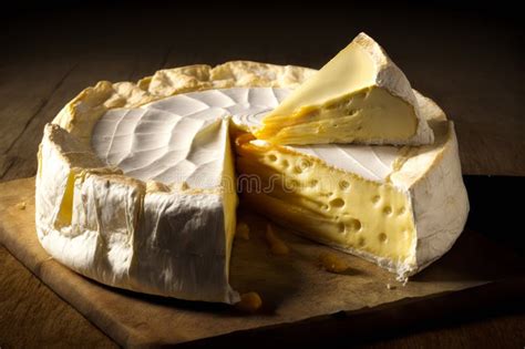 Piece Of Cheese Is Cut In Half On Wooden Cutting Board Generative Ai
