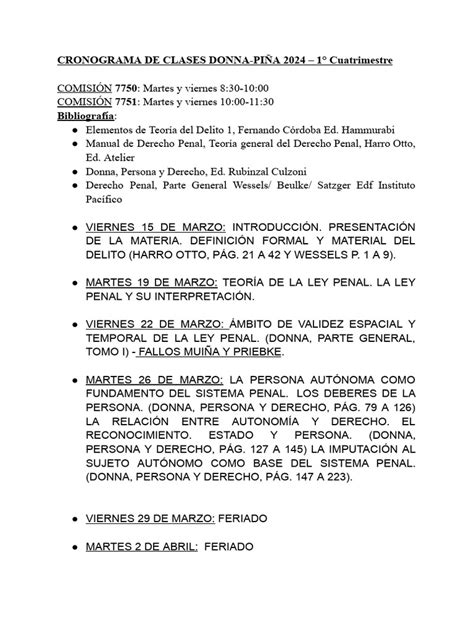 1er Cuat Cronograma De Clases Elementos De D Penal Y Proc Penal 2024 Alumnos Pdf