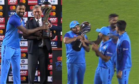 Hardik Pandya Hands Over The Trophy To Prithvi Shaw After India Seal