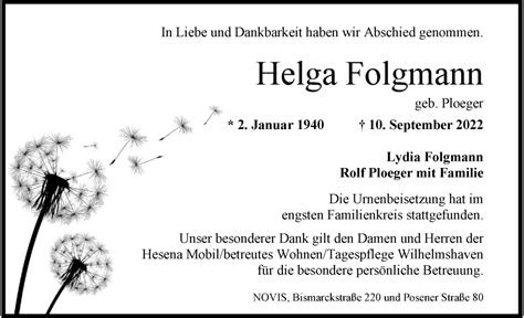 Traueranzeigen Von Helga Folgmann Nordwest Trauer De