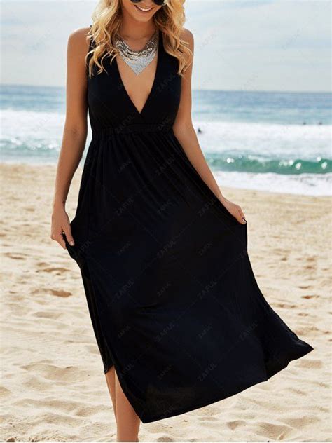 Plunging Neck Low Cut Backless Sleeveless Dress Black Maxi Dresses S