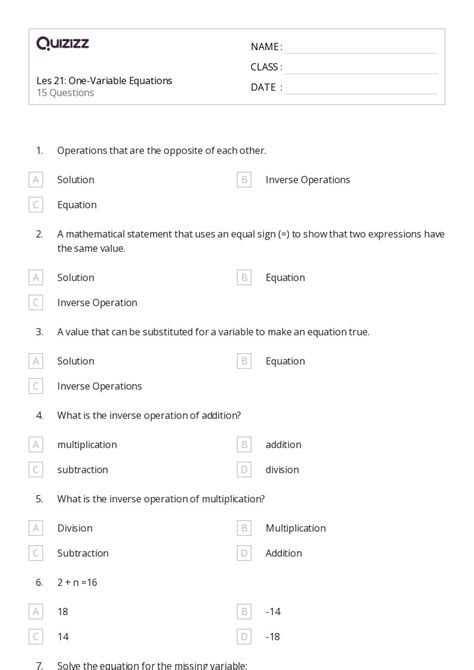 50 One Variable Equations Worksheets For 6th Grade On Quizizz Free