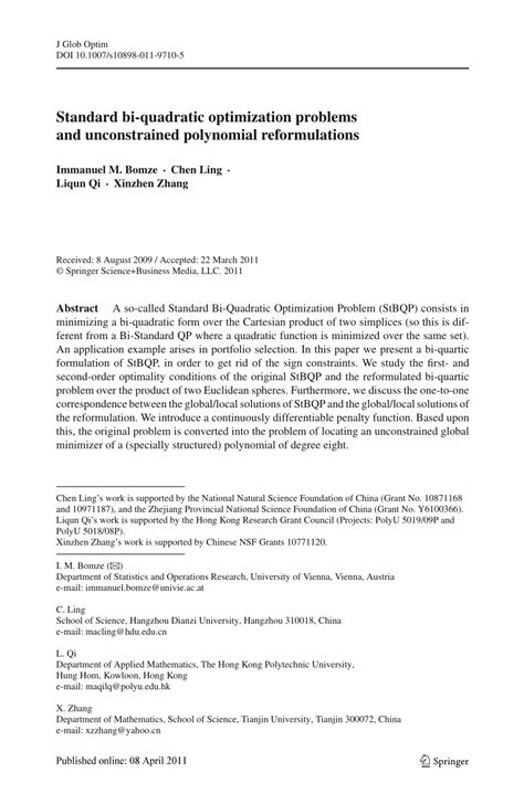 Pdf Standard Bi Quadratic Optimization Problems And Unconstrained