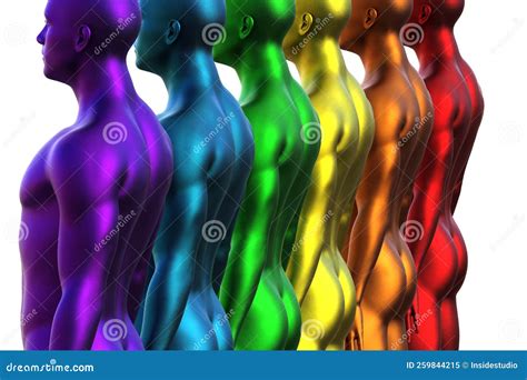 D Illustration A Row Of Naked Multi Colored Male Backs On A White